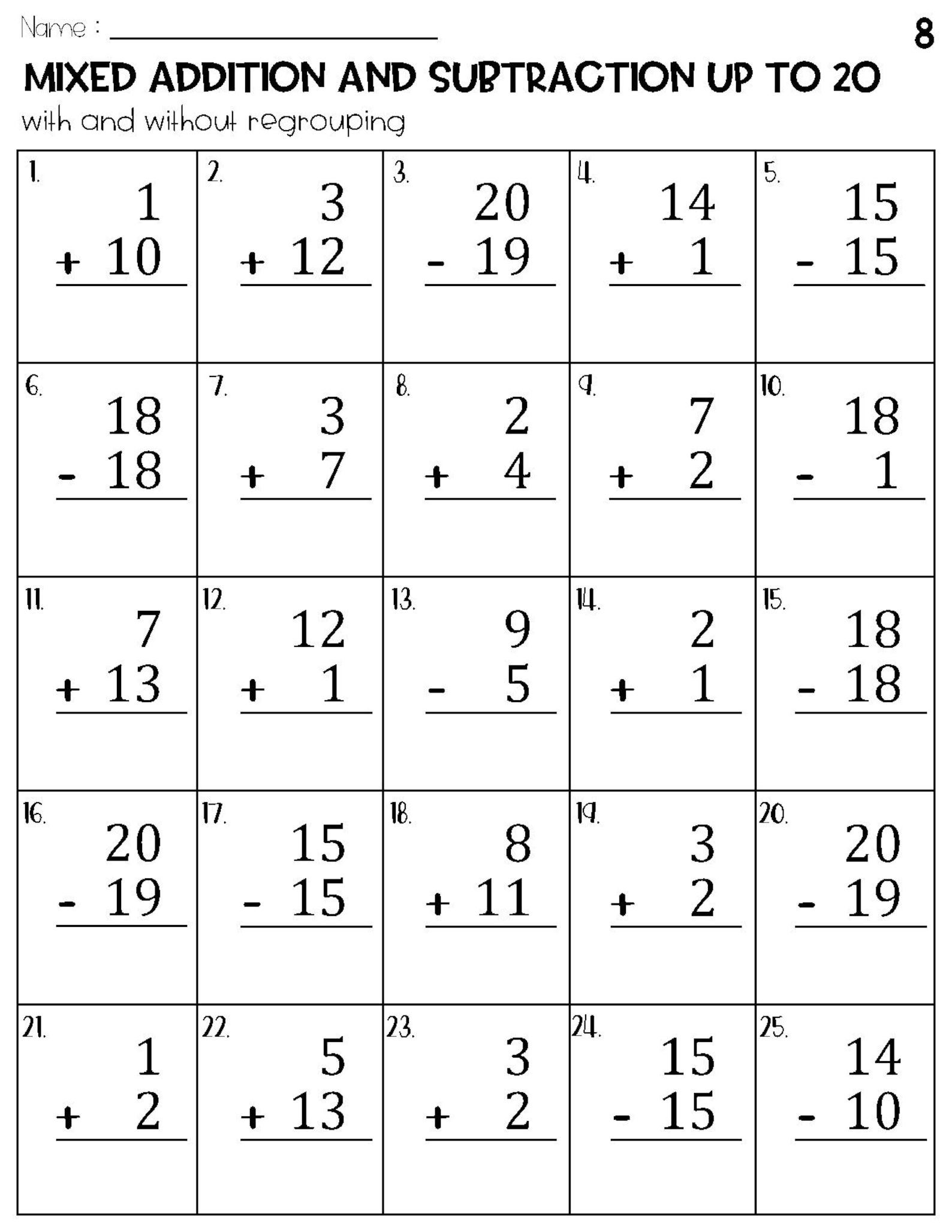 Mixed Addition and Subtraction to 20 Worksheets - Etsy