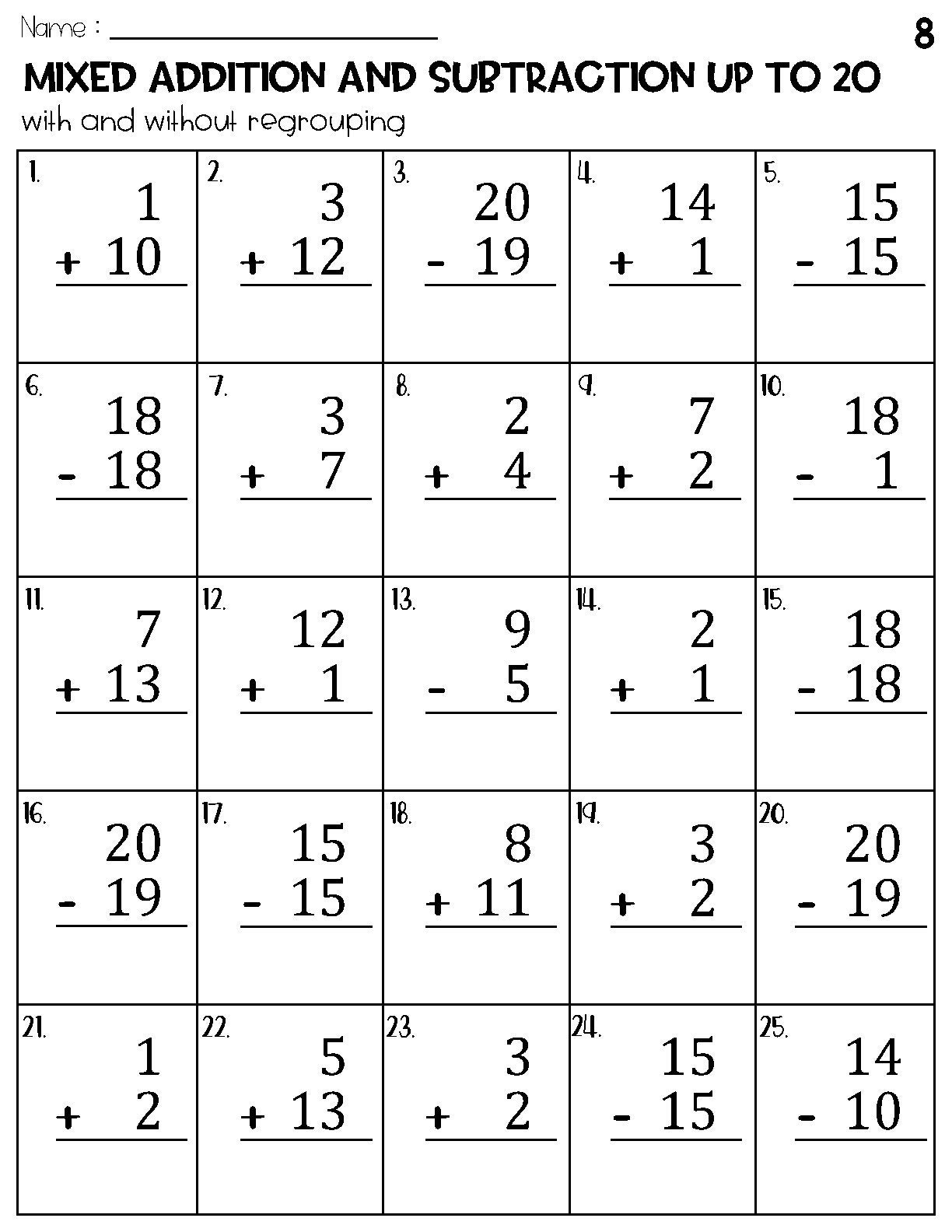 Mixed Addition and Subtraction to 20 Worksheets - Etsy
