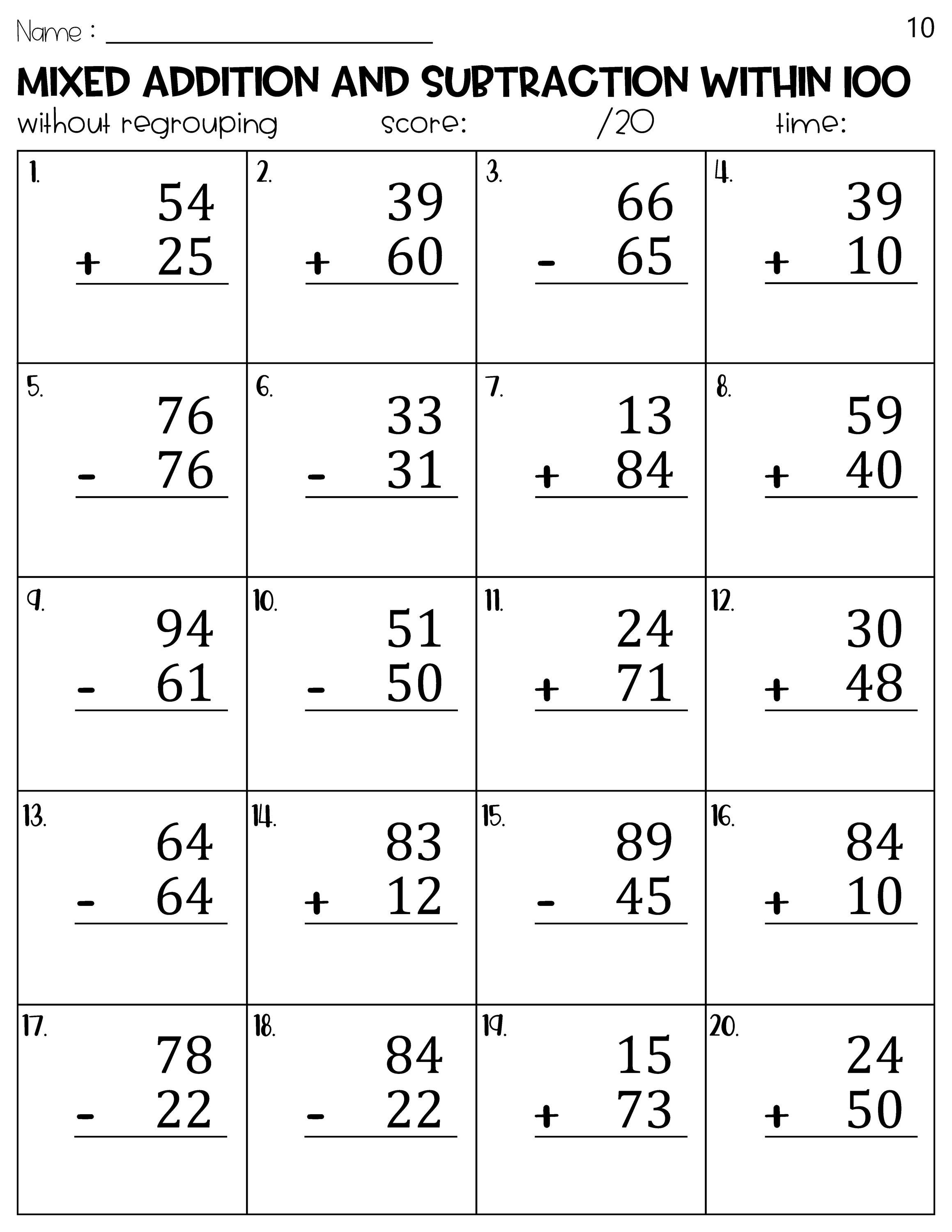 Mixed Addition and Subtraction Within 100 Without Regrouping Worksheets ...