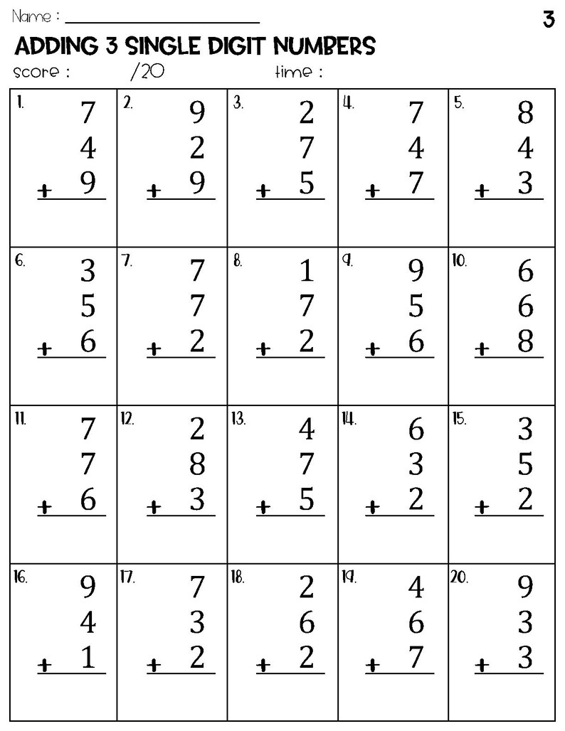 Adding 3 Single Digit Numbers Worksheets Math Timed Test Etsy Adding 3 Single Digit Numbers Worksheets Math Timed Test Etsy