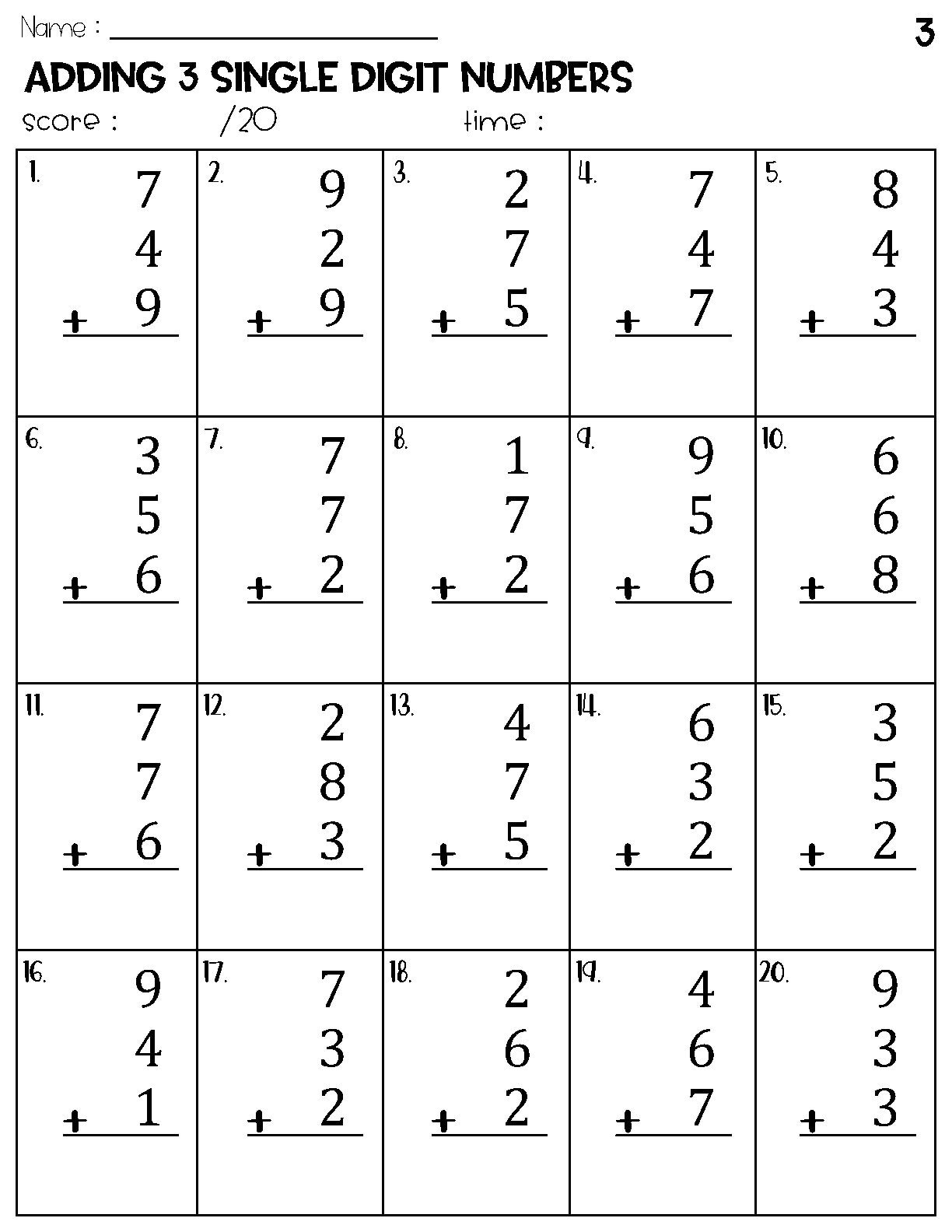 Three Digit Addition Math Paper