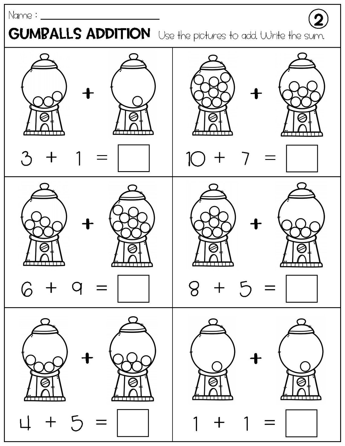 Addition With Pictures Sum up to 20 Worksheets - Adding Gumballs ...