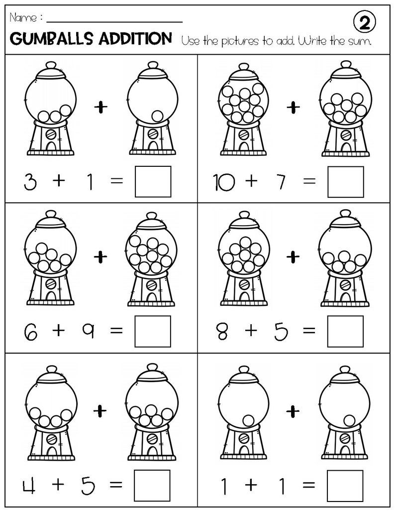 Addition With Pictures Sum up to 20 Worksheets - Adding Gumballs ...