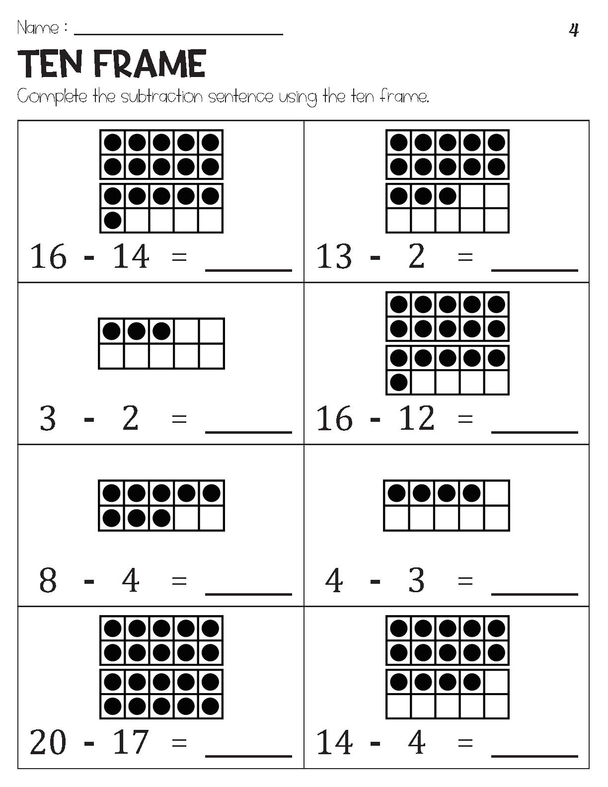 Subtraction Within 20 With Ten Frame Pictures Worksheets - Etsy