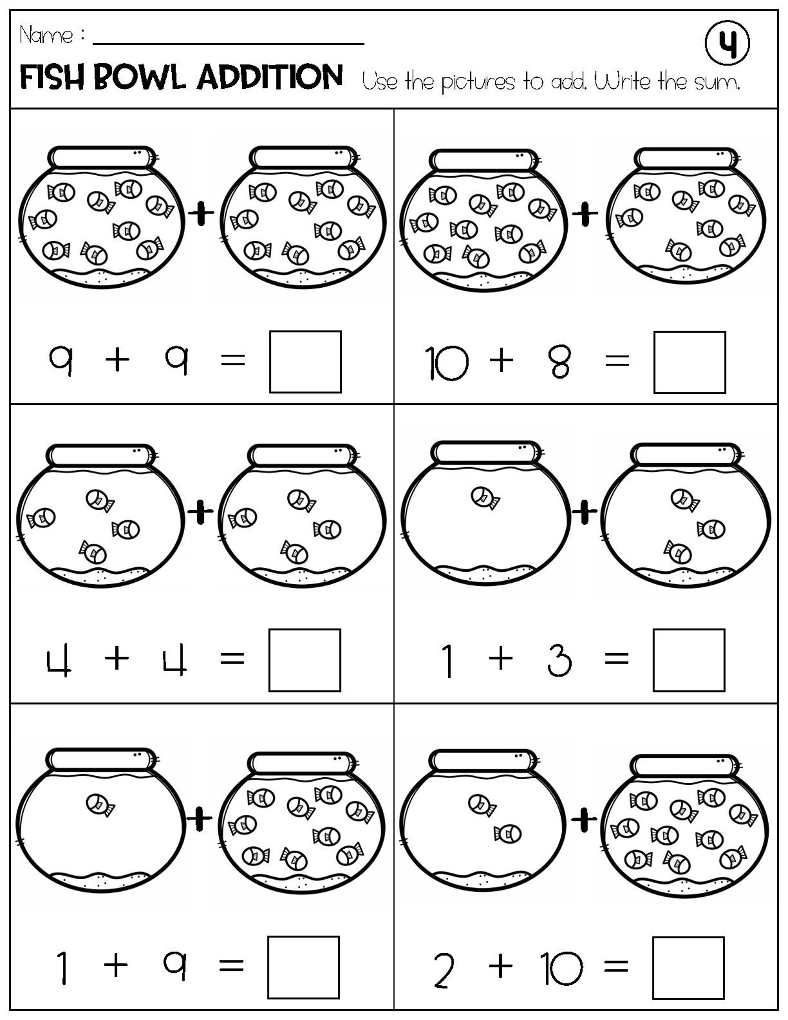 Addition With Pictures Sum up to 20 Worksheets - Adding Fish Bowls ...