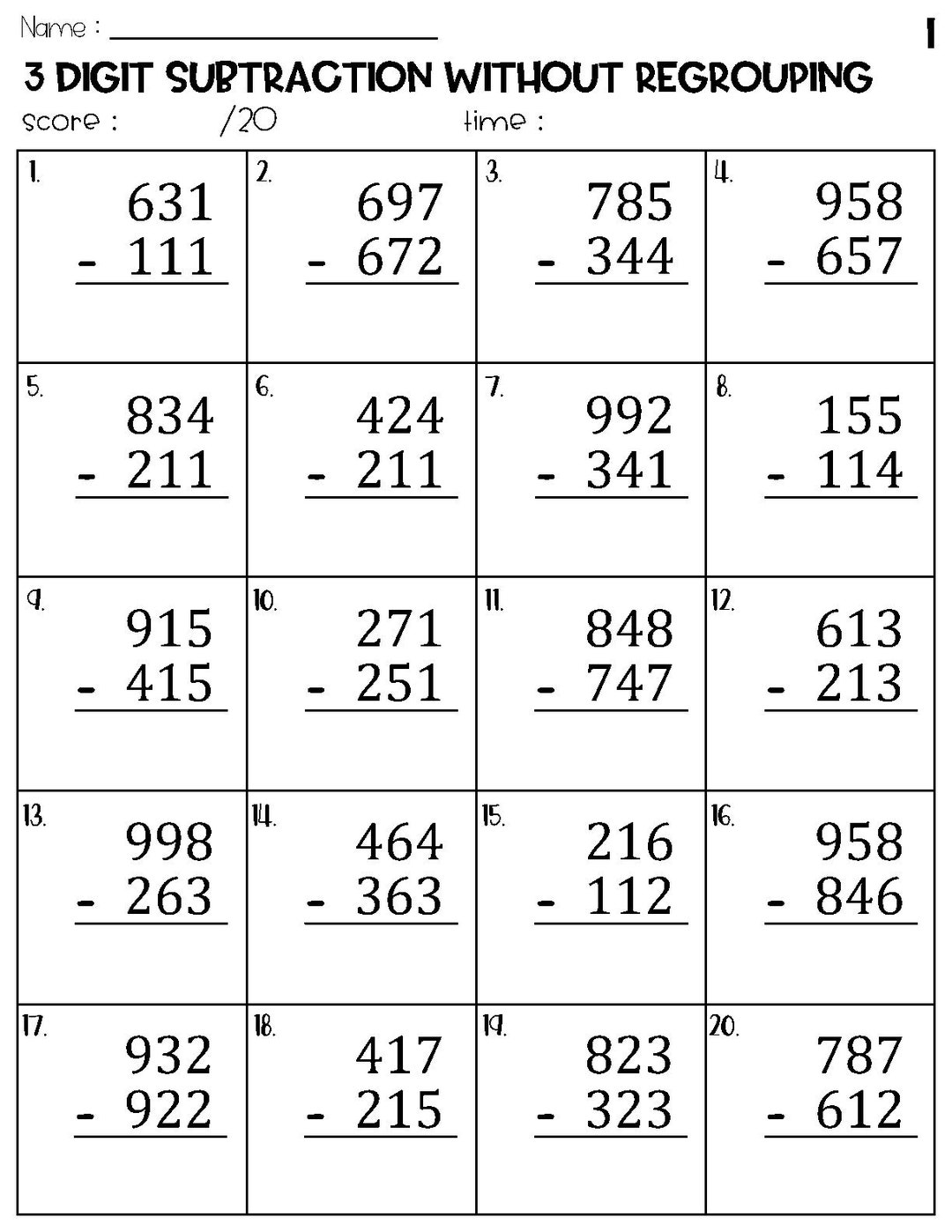 Three Digit Subtraction Without Regrouping Worksheets - Etsy