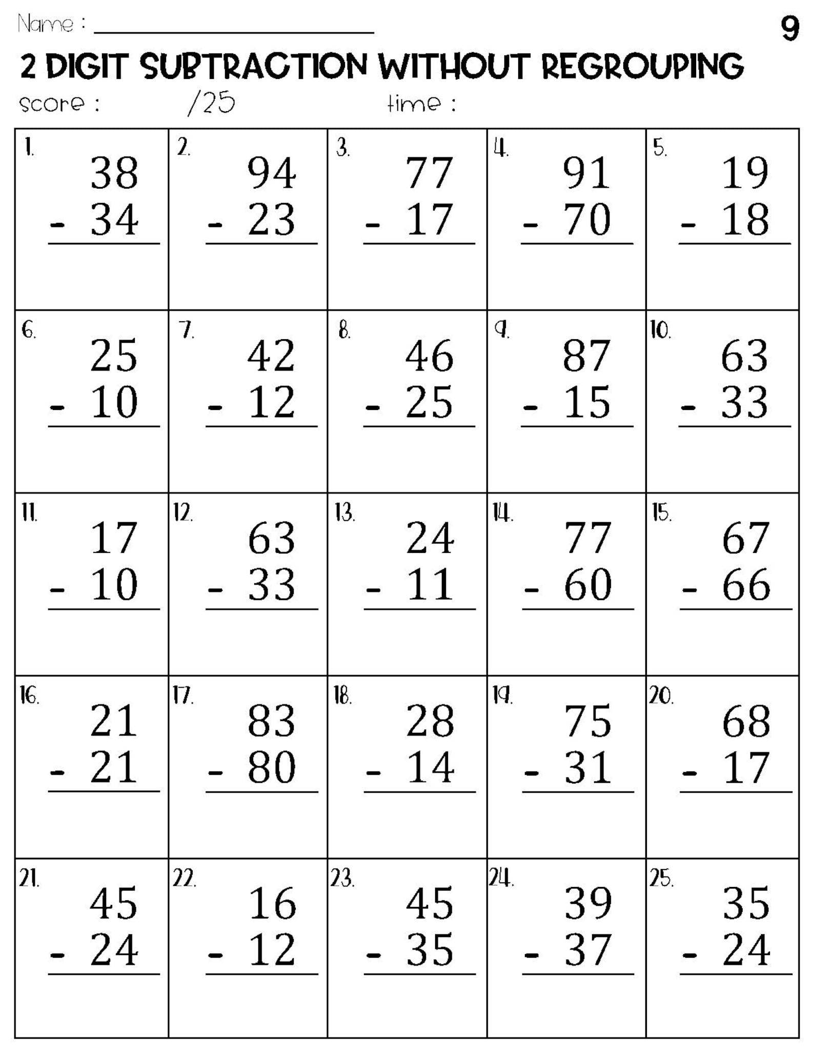 Two Digit Subtraction Without Regrouping Worksheets - Etsy