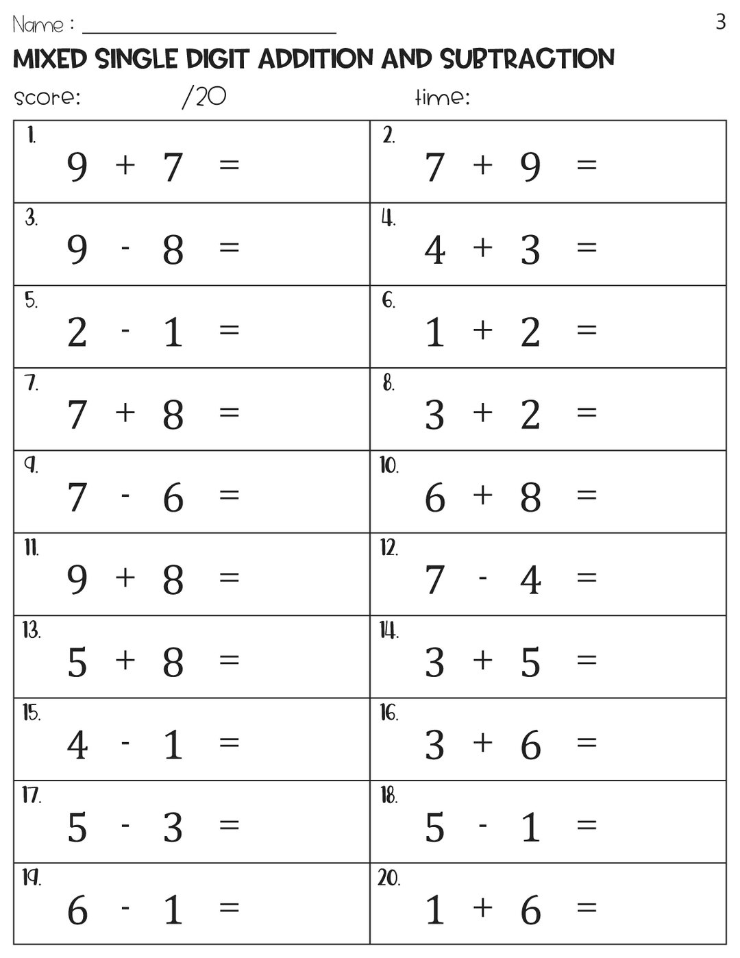Horizontal Mixed Single Digit Addition and Subtraction Worksheets - Etsy