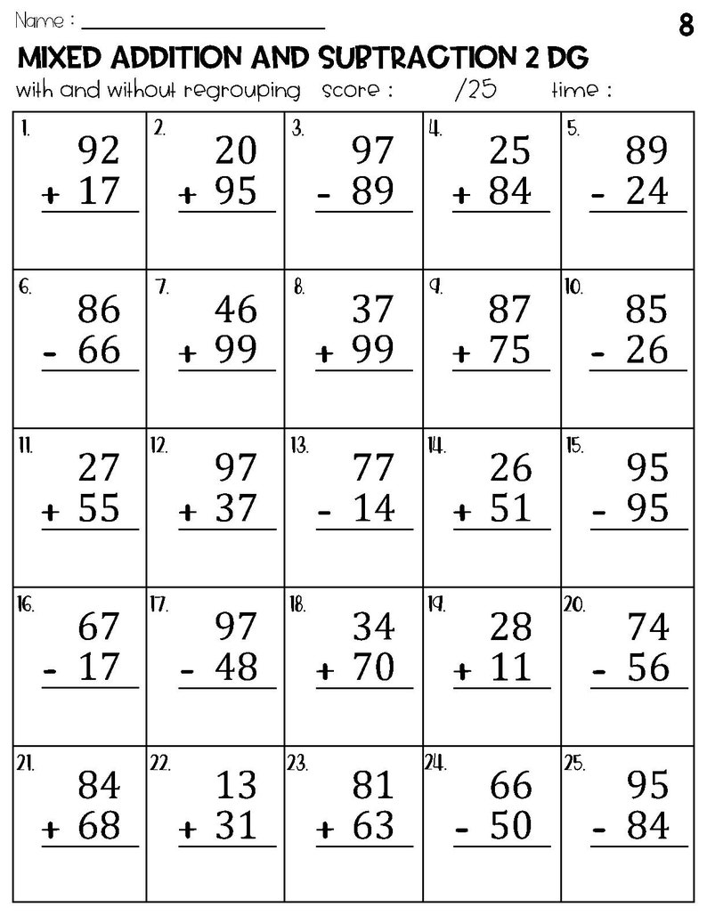 Two Digit Mixed Addition and Subtraction With and Without Regrouping ...