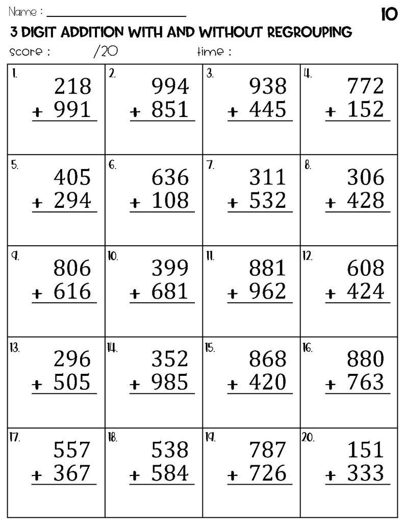 Three Digit Addition With and Without Regrouping Worksheets - Etsy Canada