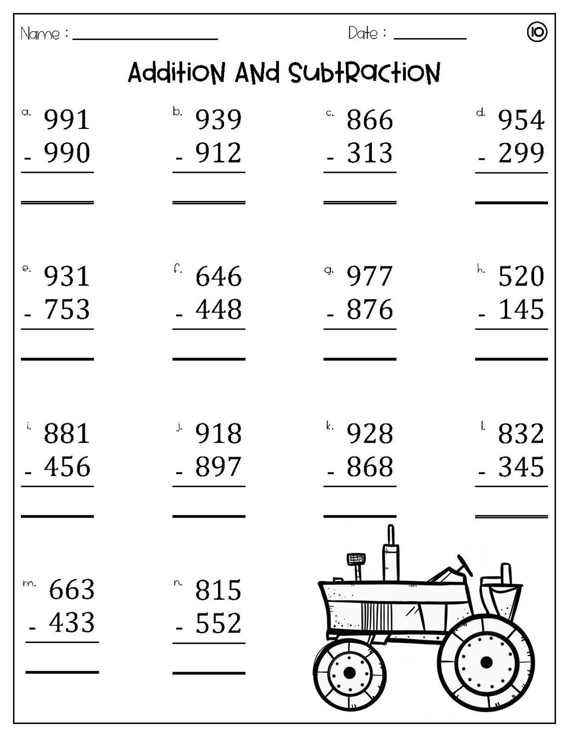 3 Digit Addition and Subtraction Worksheets - SET2 Farm Theme Math ...