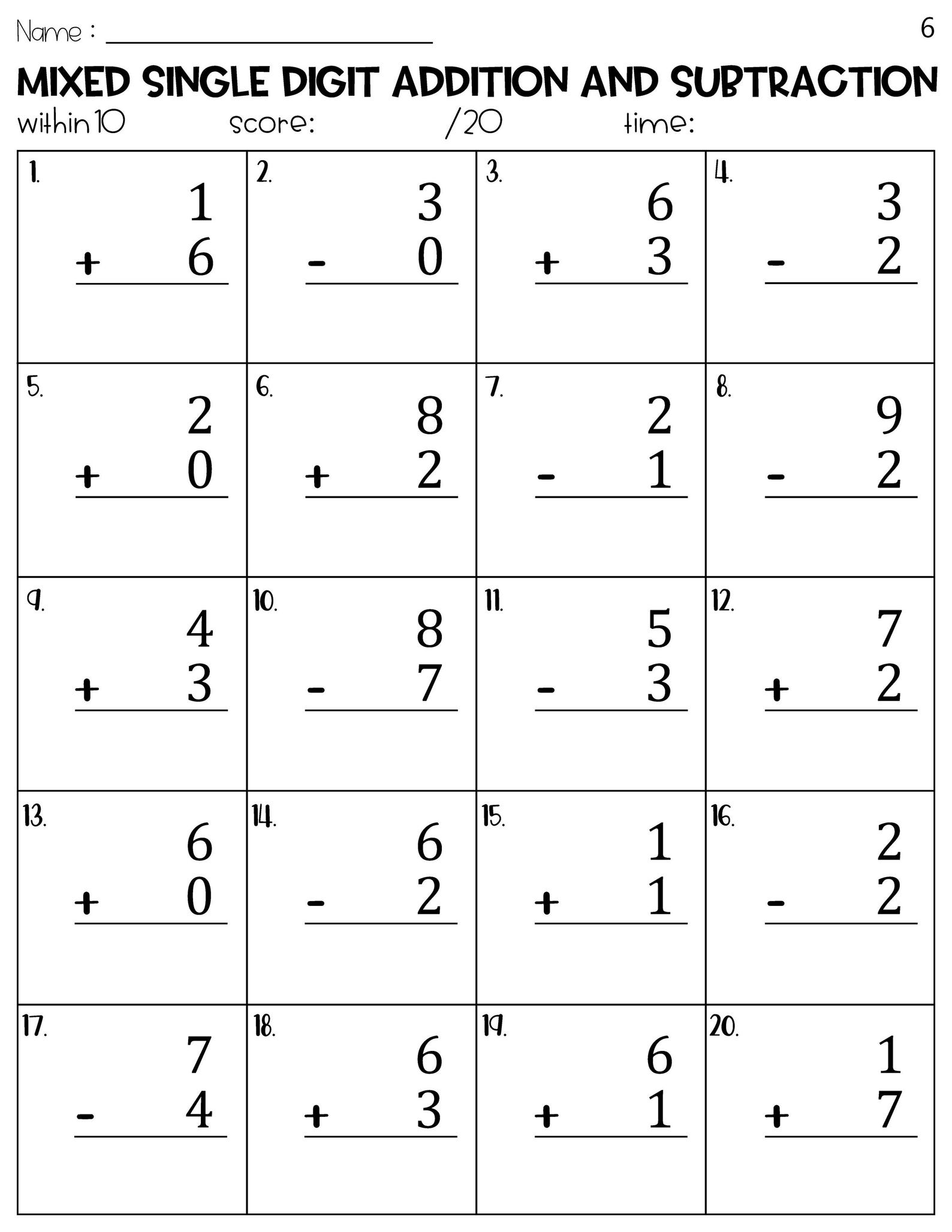 Mixed Single Digit Addition and Subtraction Within 10 Worksheets - Etsy