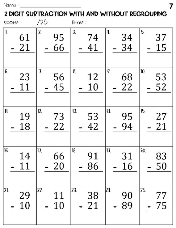 Práctica De Resta De Dos Dígitos