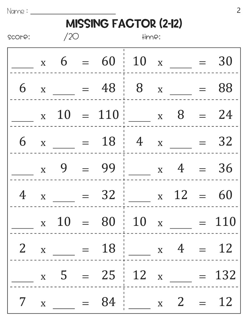 Missing Number Multiplication Factor Worksheets - Etsy