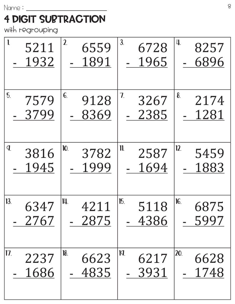 4 Digit Subtraction With Regrouping Worksheets - Etsy