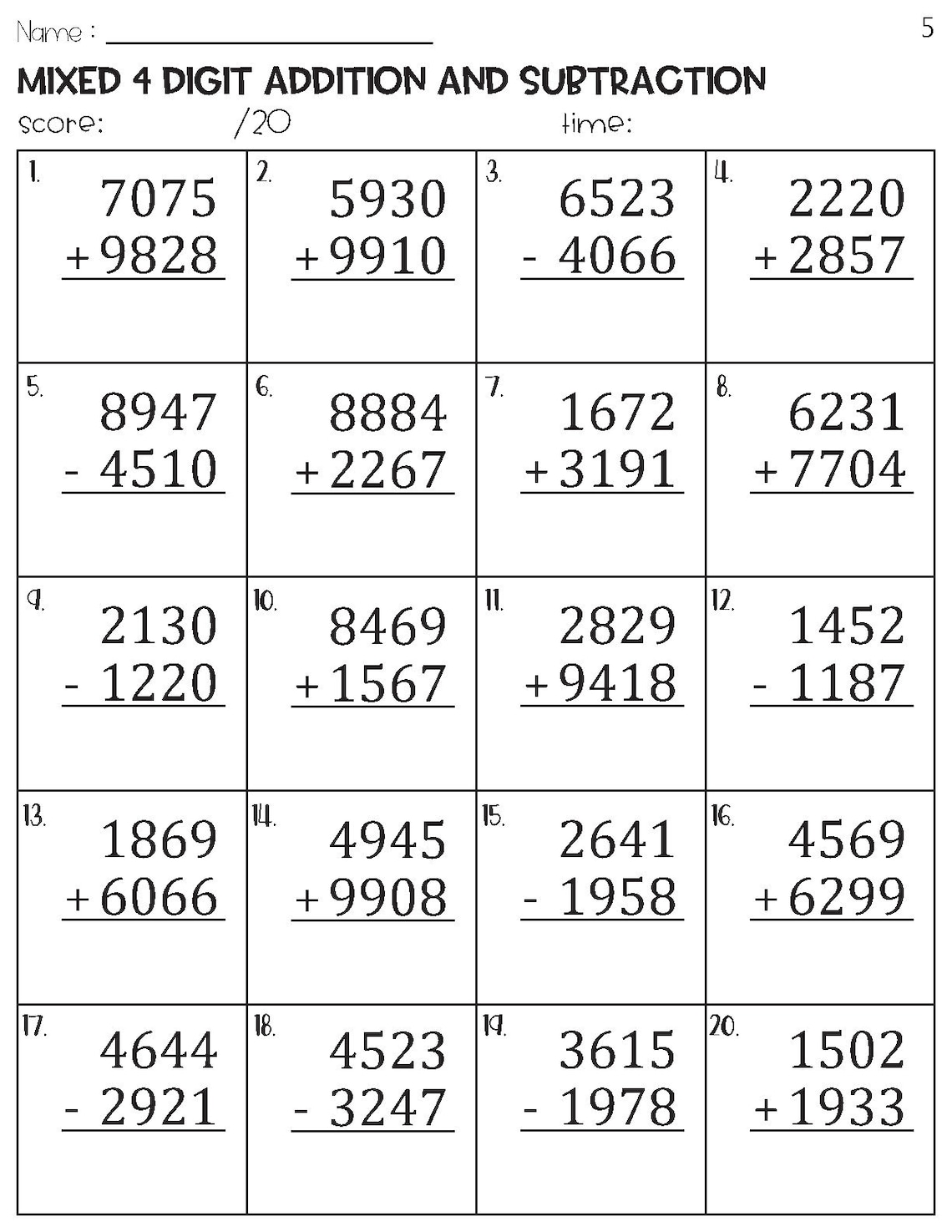 100 Four Digit Mixed Addition and Subtraction With and Without ...
