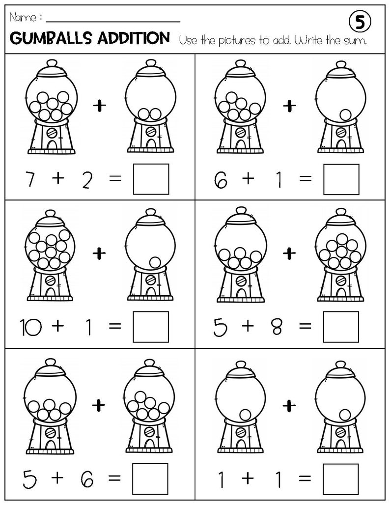 Addition With Pictures Sum up to 20 Worksheets - Adding Gumballs ...