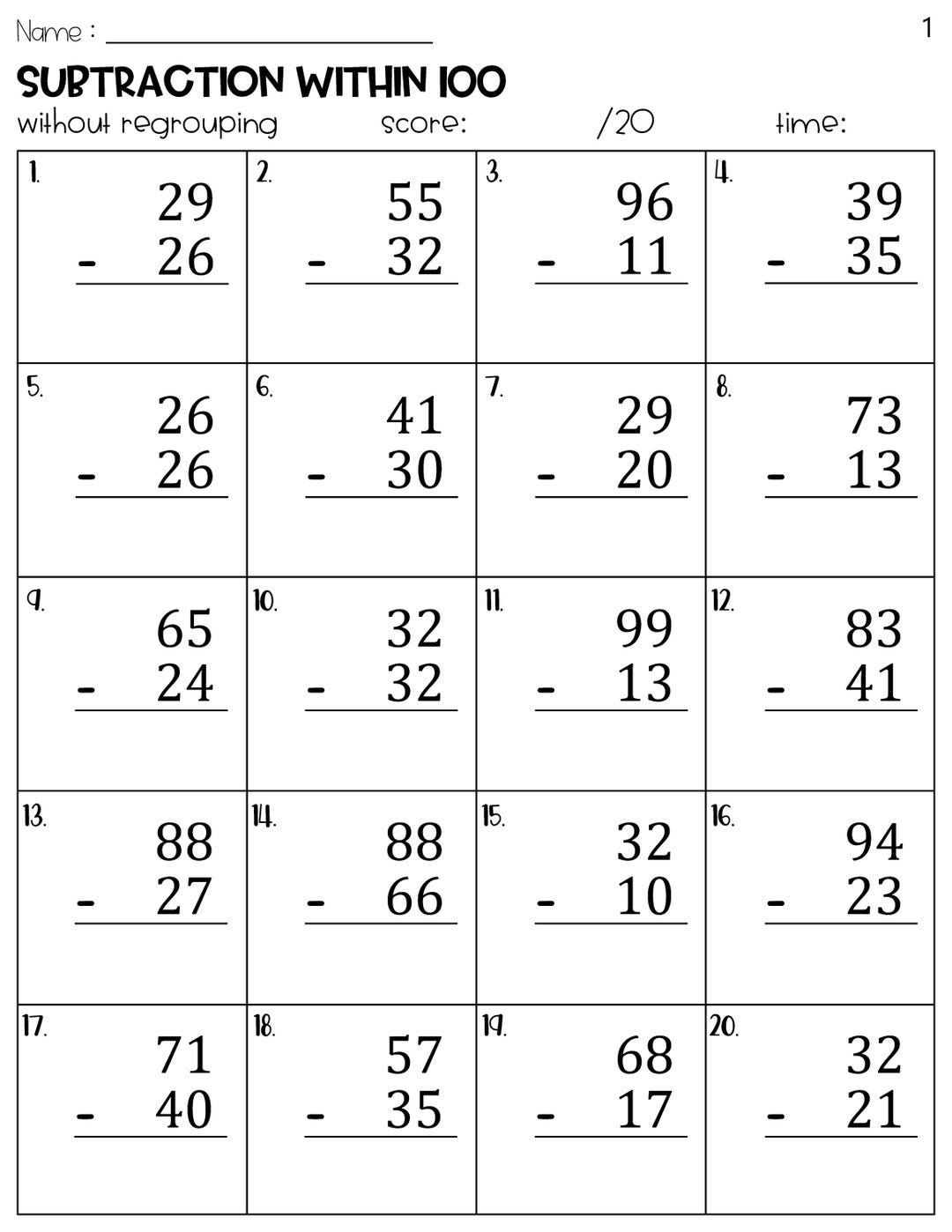 Subtraction Within 100 Without Regrouping Worksheets - Etsy