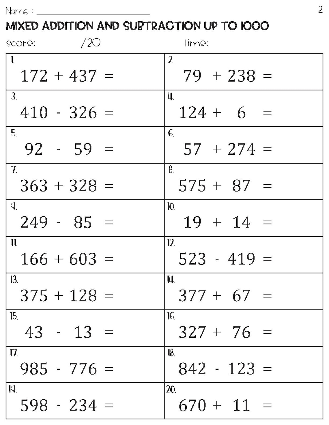 Horizontal Mixed Addition and Subtraction to 1000 Worksheets - Etsy