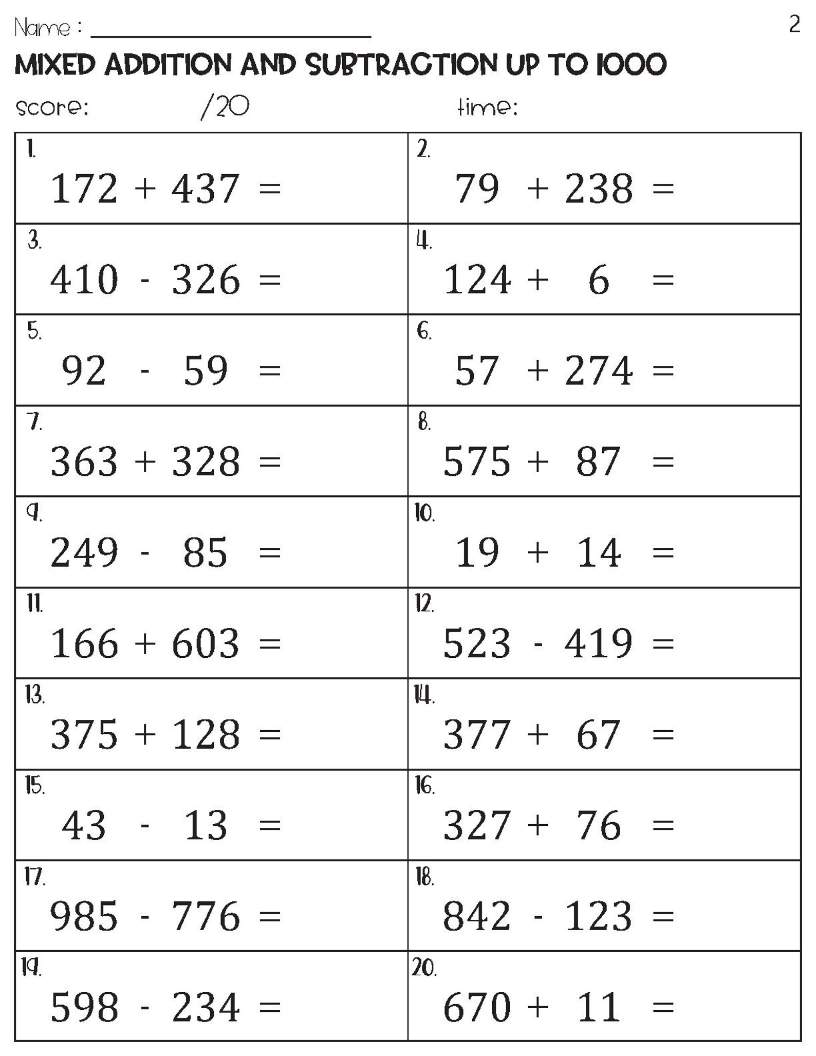Horizontal Mixed Addition and Subtraction to 1000 Worksheets - Etsy