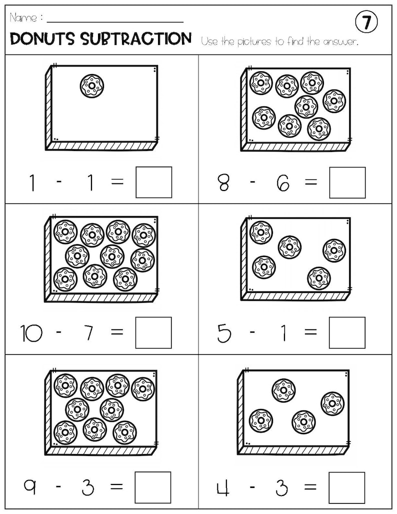 Subtraction With Pictures Within 10 Worksheets - Subtracting Donuts ...
