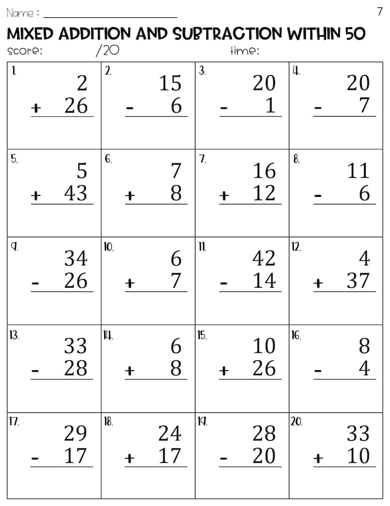 Mixed Addition and Subtraction to 50 Worksheets - Etsy
