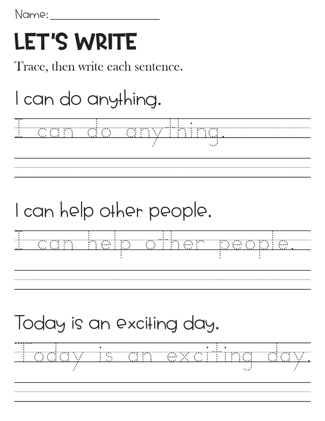 Sentence Writing and Tracing Handwriting Practice Worksheets - Positive ...