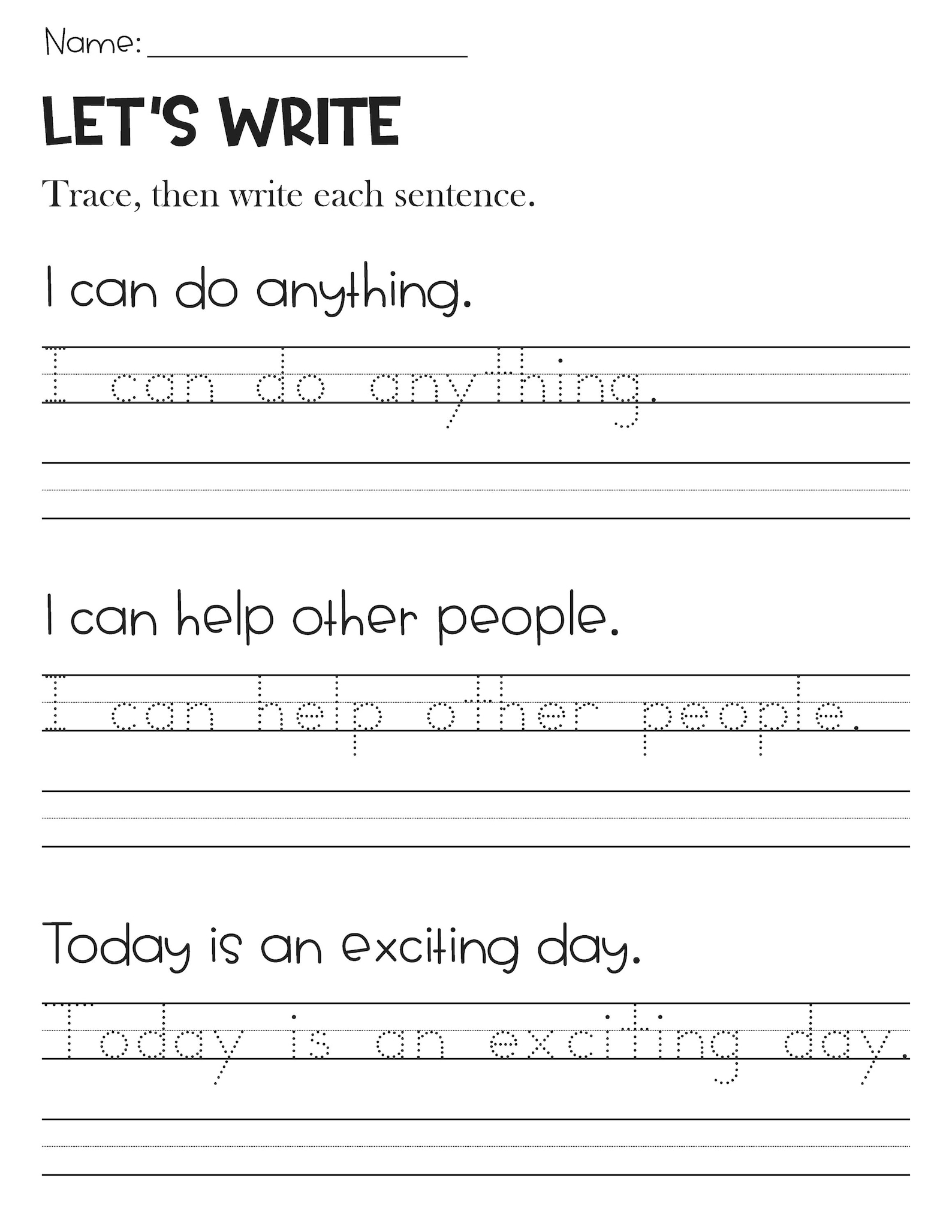 Sentence Writing and Tracing Handwriting Practice Worksheets - Positive ...