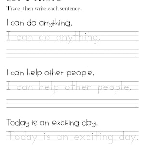 Sentence Writing and Tracing Handwriting Practice Worksheets - Positive ...