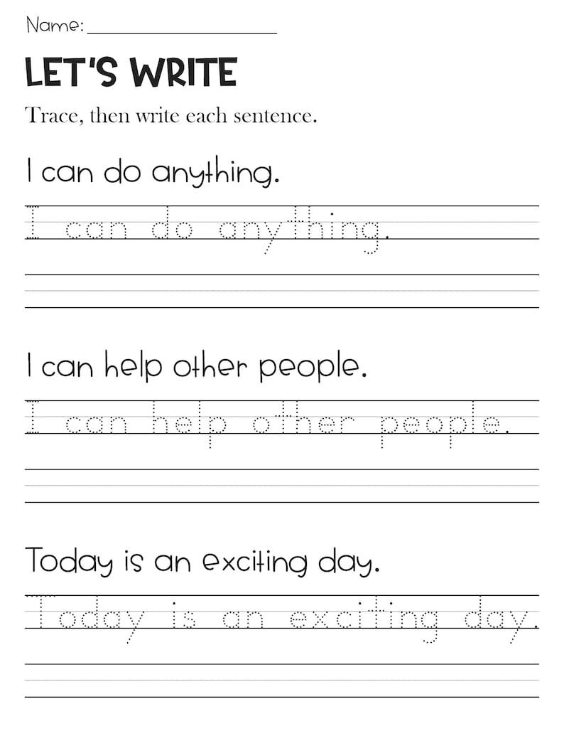 Sentence Writing and Tracing Handwriting Practice Worksheets - Positive ...