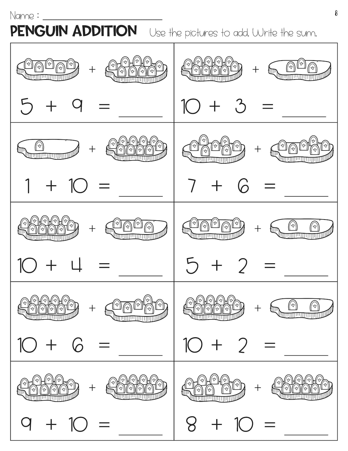 Addition With Pictures to 20 Worksheets - Adding Penguin - Etsy