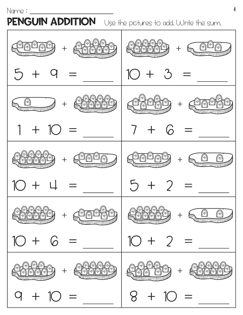 Addition With Pictures to 20 Worksheets - Adding Penguin - Etsy