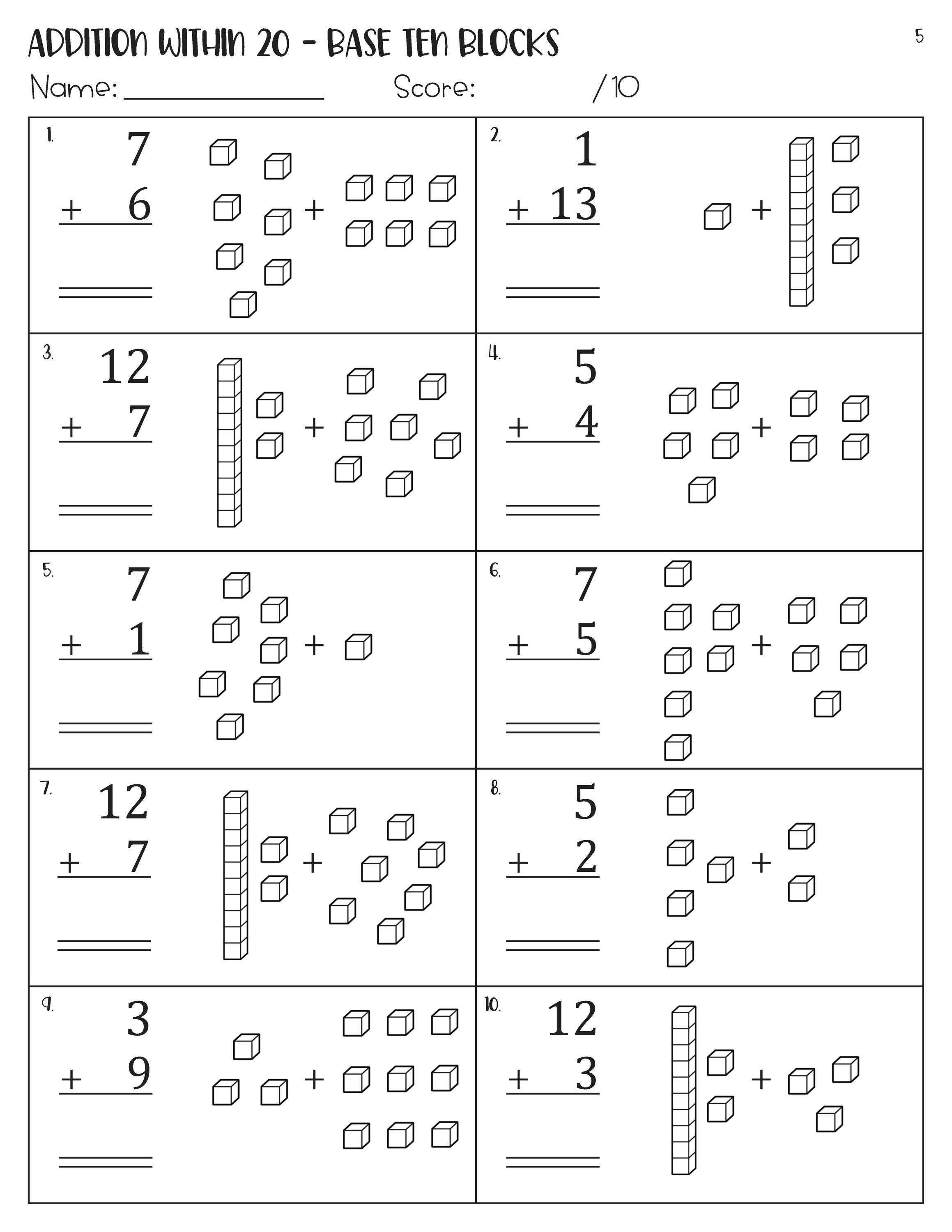 Addition Within 20 With Pictures Base Ten Blocks Worksheets - Etsy