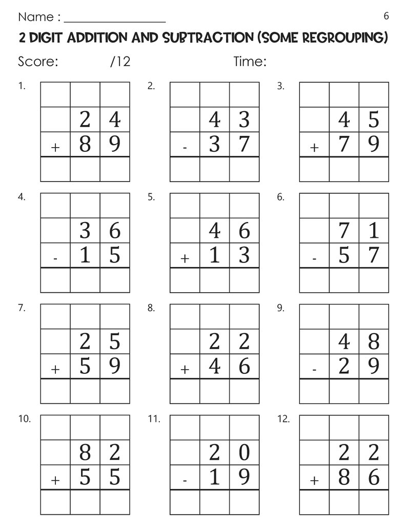 Two Digit Addition and Subtraction With and Without Regrouping With ...