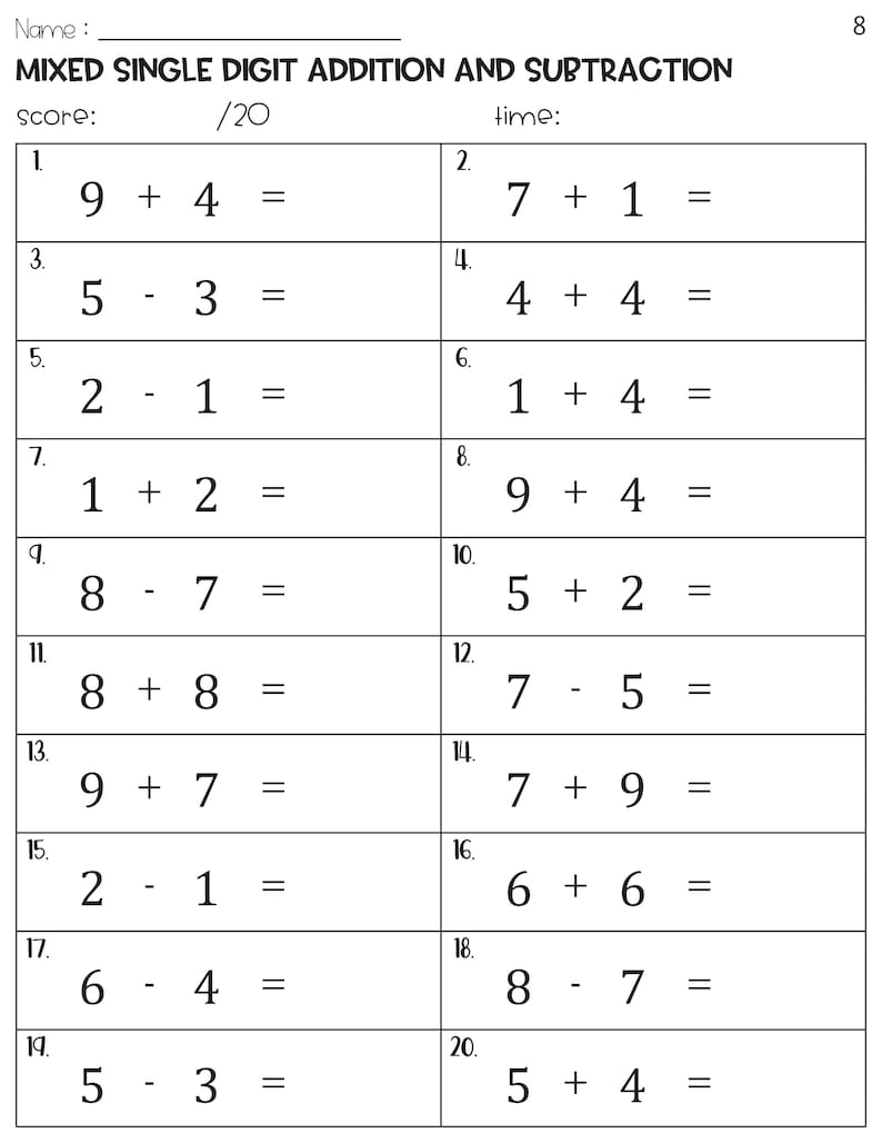 Horizontal Mixed Single Digit Addition and Subtraction Worksheets - Etsy