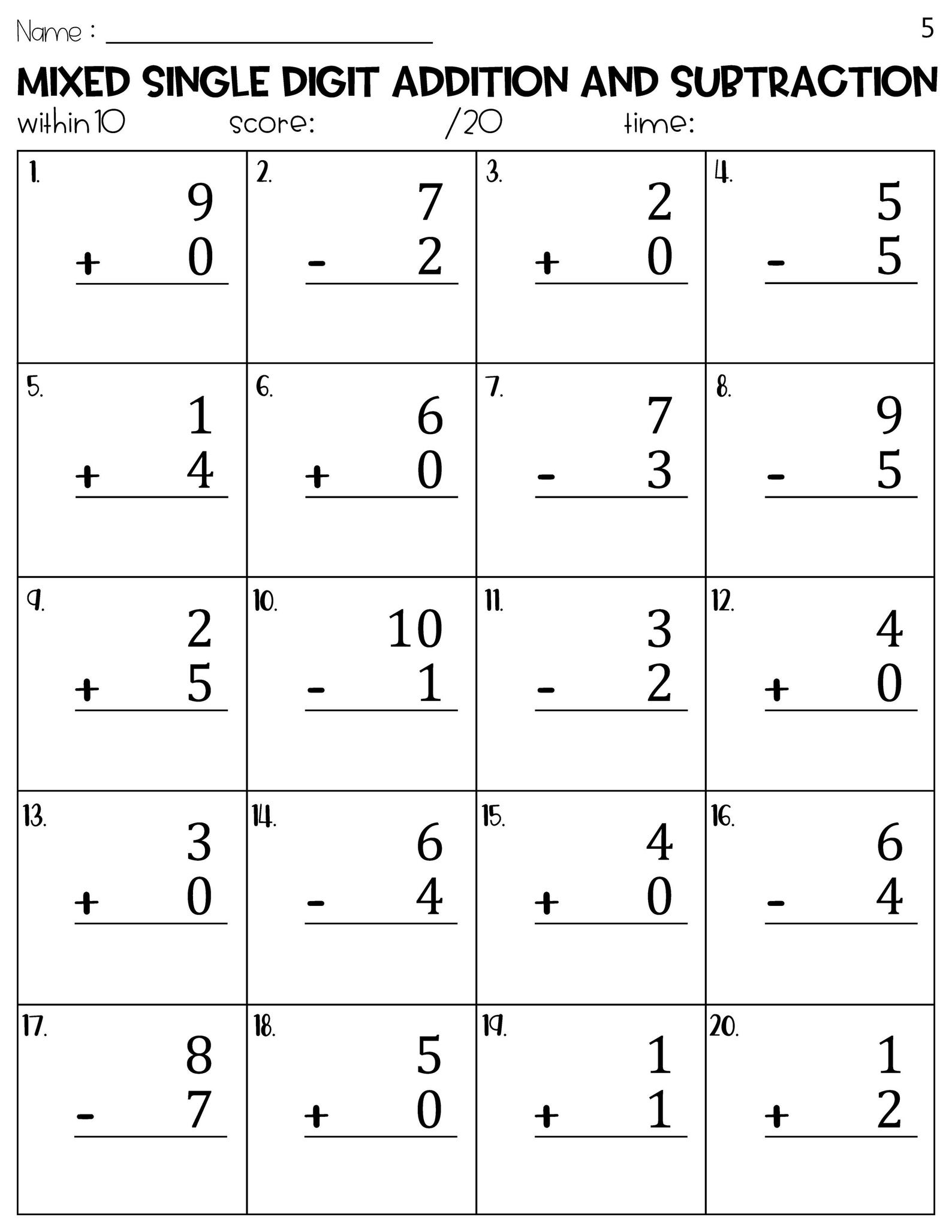 Mixed Single Digit Addition and Subtraction Within 10 Worksheets - Etsy