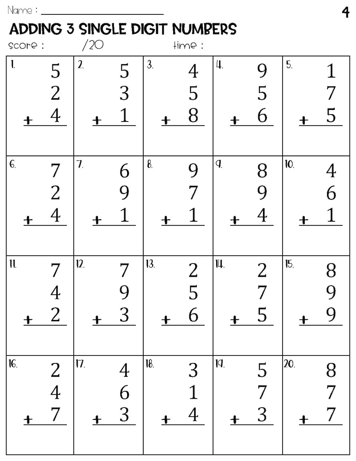 Adding 3 Single Digit Numbers Worksheets - Math Timed Test Addition - Etsy