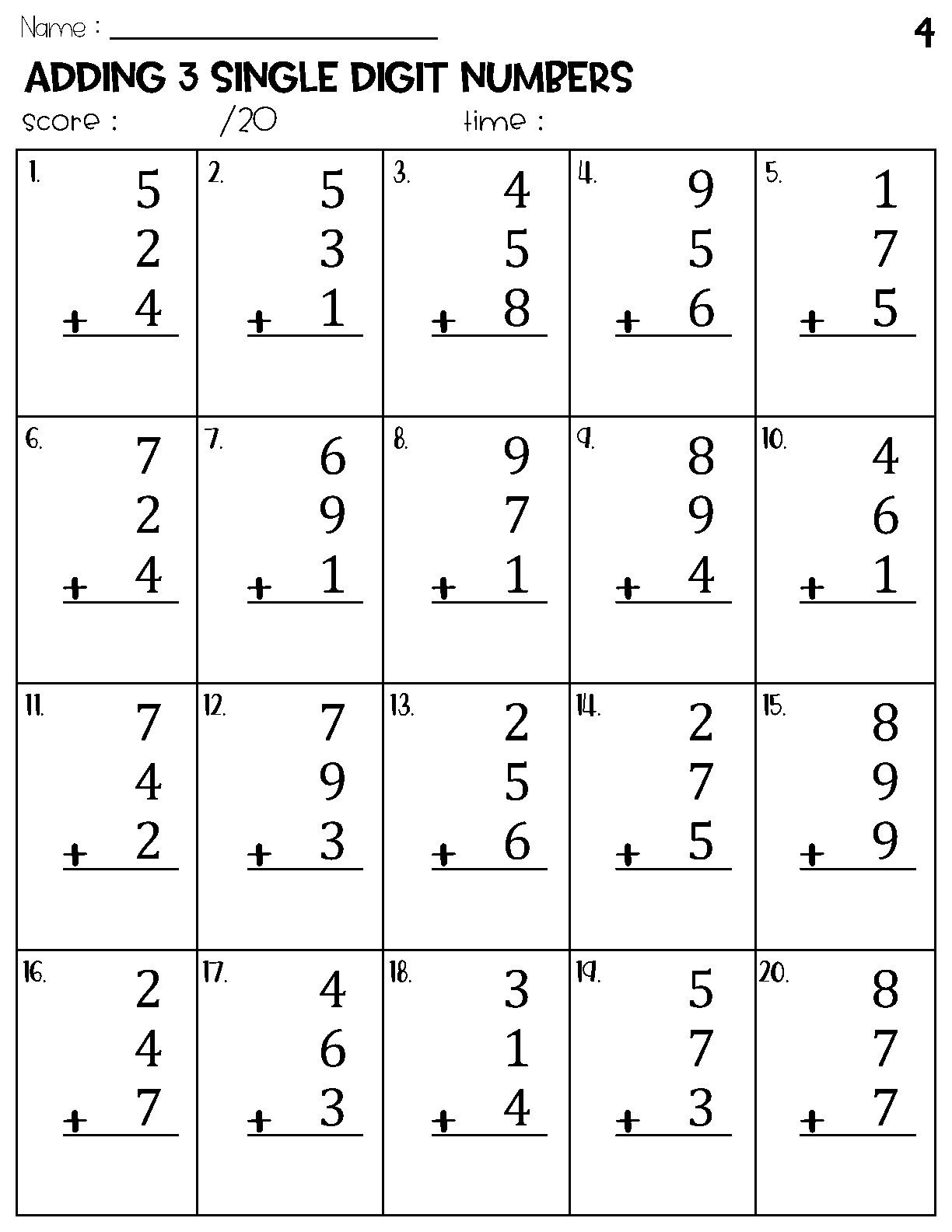 Adding 3 Single Digit Numbers Worksheets - Math Timed Test Addition - Etsy