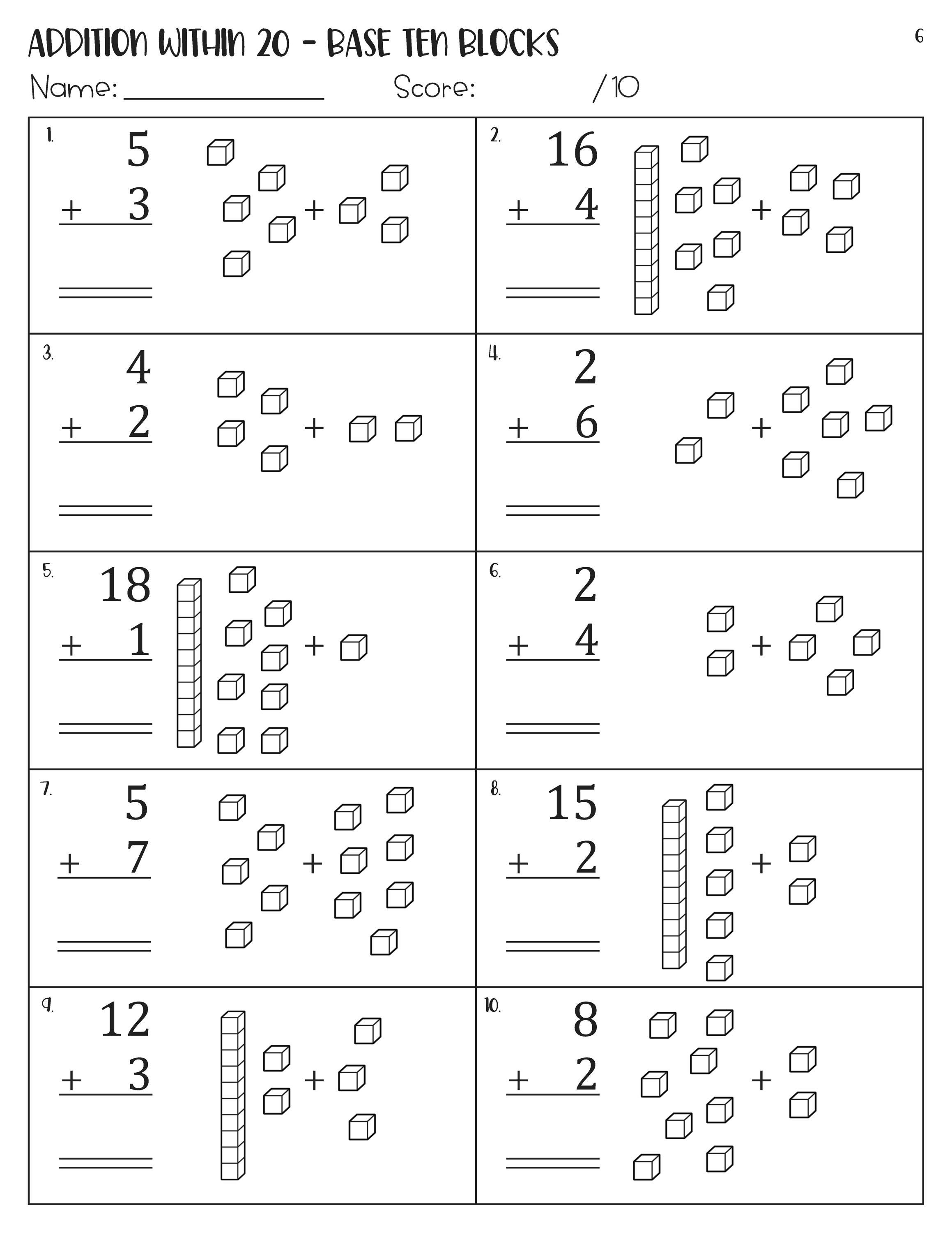 Addition Within 20 With Pictures Base Ten Blocks Worksheets - Etsy