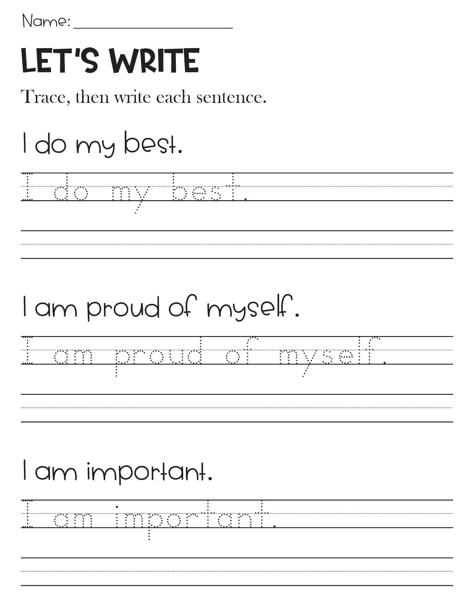 Sentence Writing and Tracing Handwriting Practice Worksheets - Positive ...