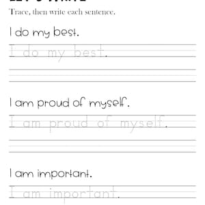 Sentence Writing and Tracing Handwriting Practice Worksheets - Positive ...