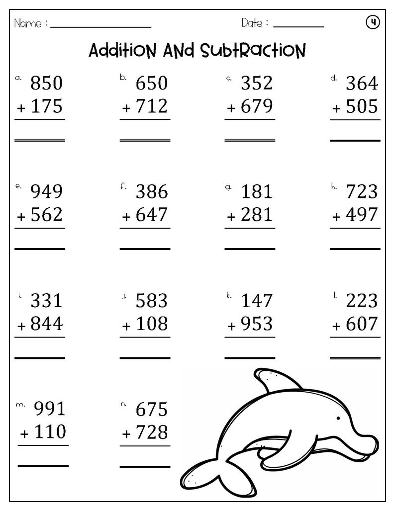 3 Digit Addition and Subtraction Worksheets - SET3 Ocean Theme Math ...