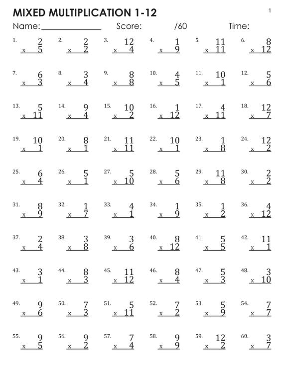 Math Worksheets Multiplication 1 12