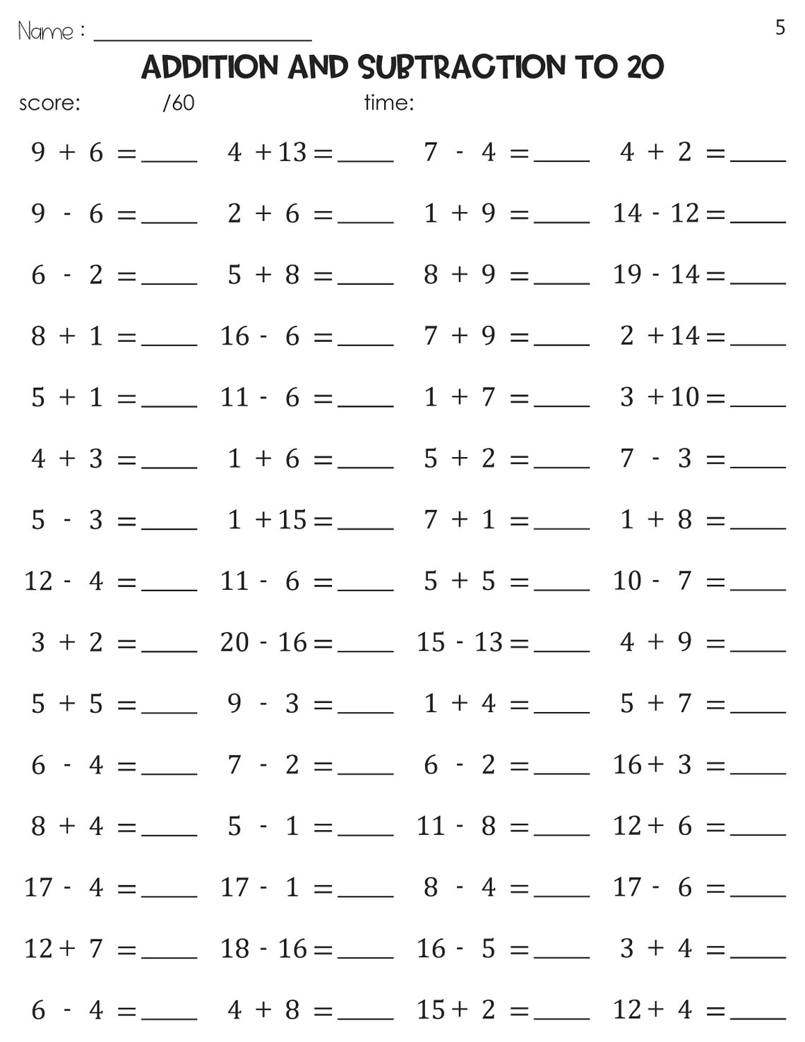 Math Fact Fluency Addition and Subtraction to 20 Timed Tests Practice ...