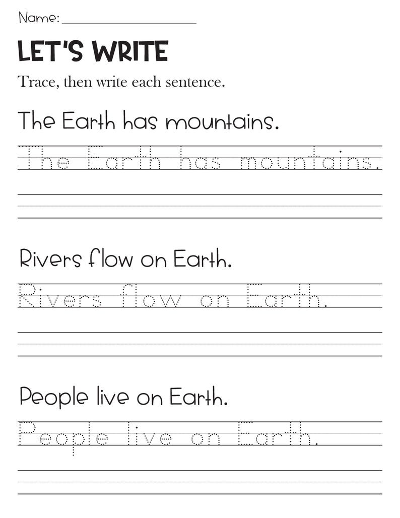 Sentence Writing and Tracing Handwriting Practice Worksheets - Earth ...