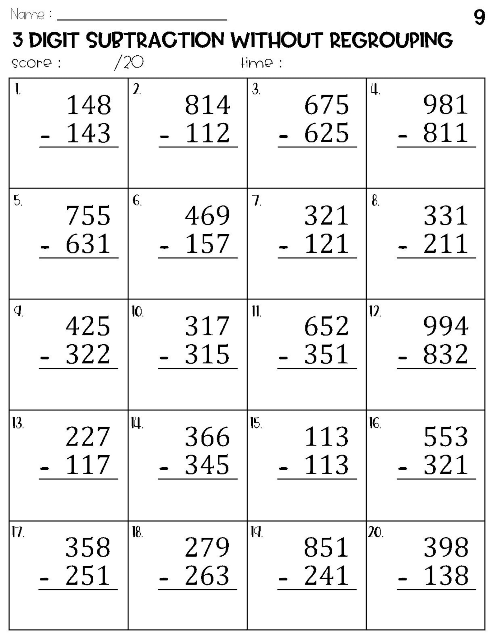 Three Digit Subtraction Without Regrouping Worksheets - Etsy