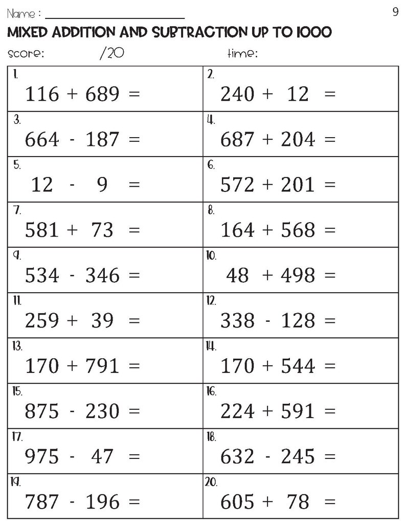 Horizontal Mixed Addition and Subtraction to 1000 Worksheets - Etsy
