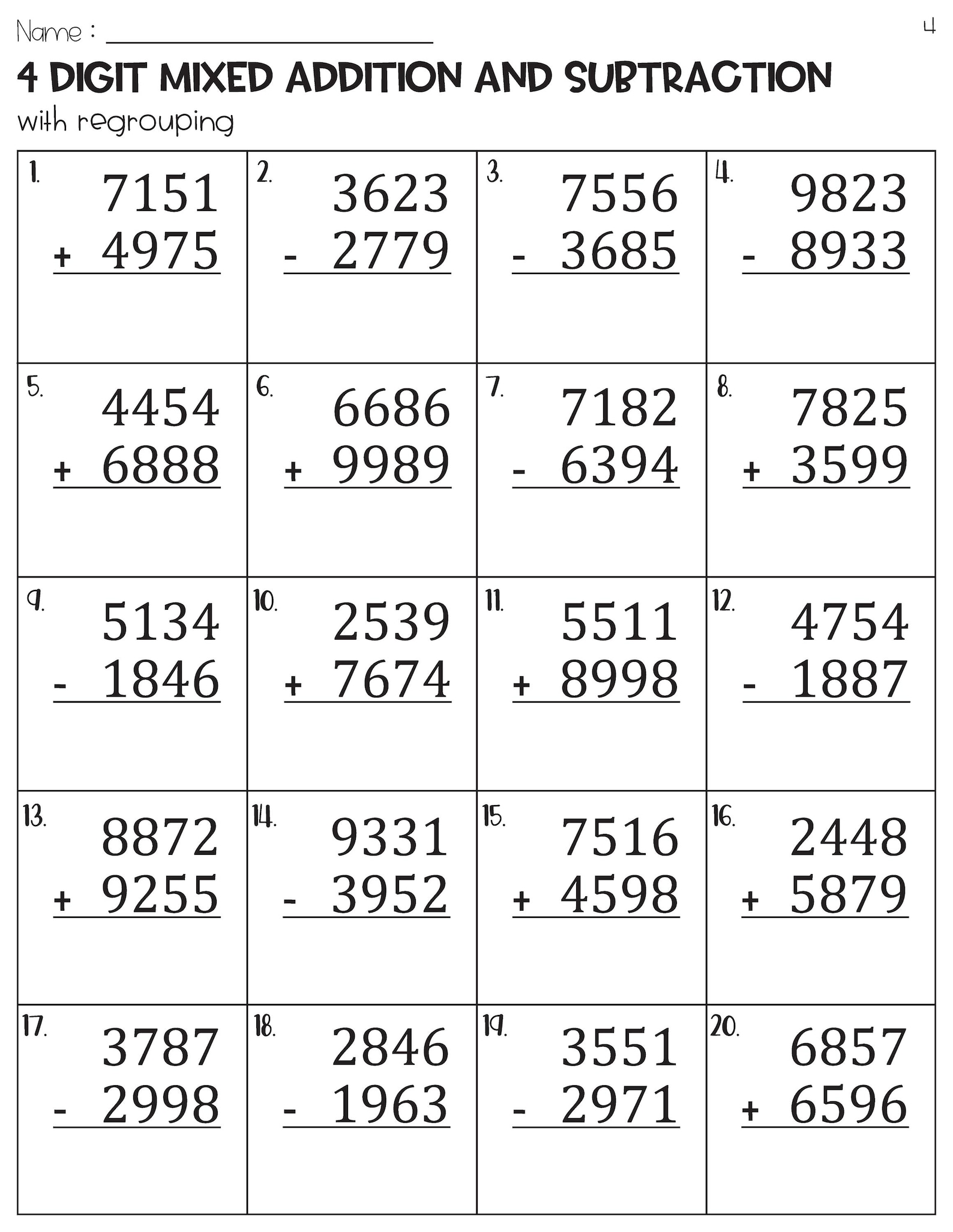 4 Digit Mixed Addition and Subtraction With Regrouping Worksheets - Etsy