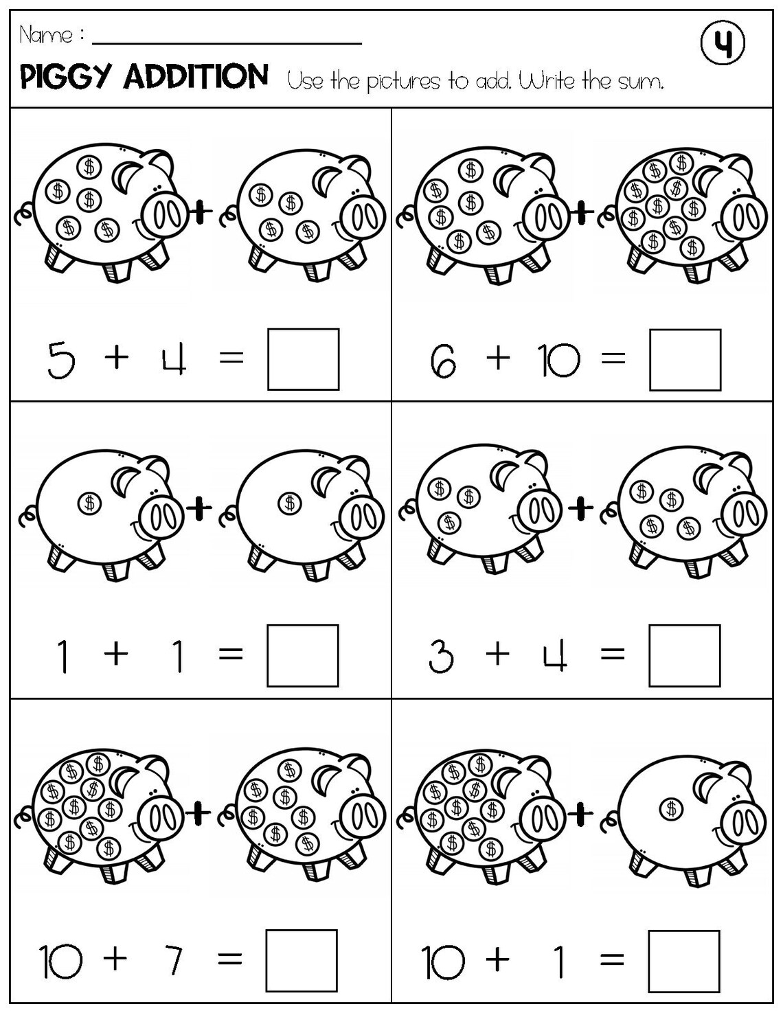 Addition With Pictures Sum up to 20 Worksheets - Adding Piggy Pictures ...