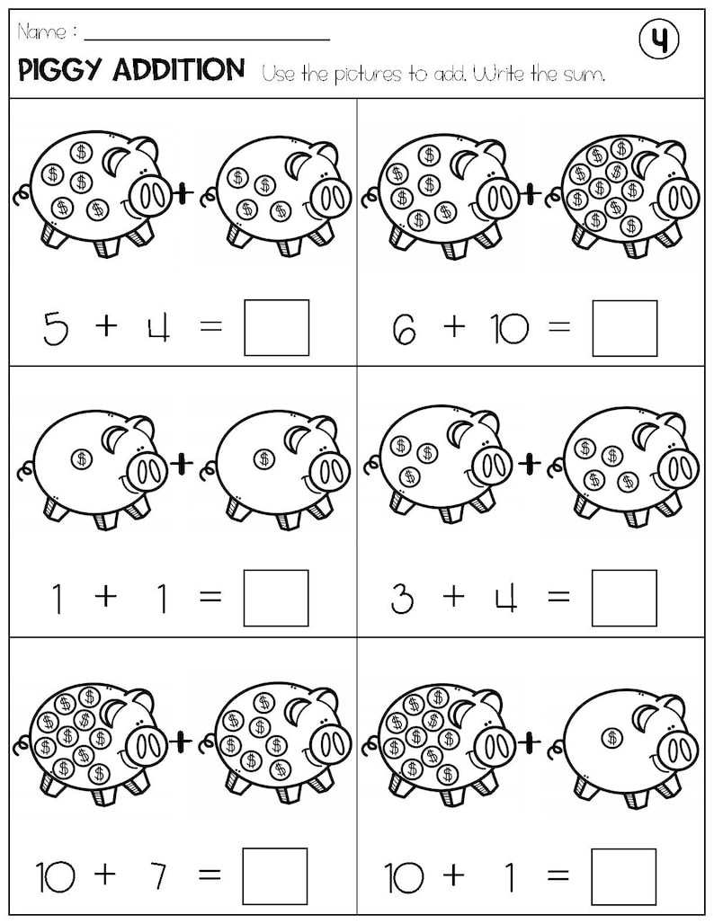 Addition With Pictures Sum up to 20 Worksheets - Adding Piggy Pictures ...